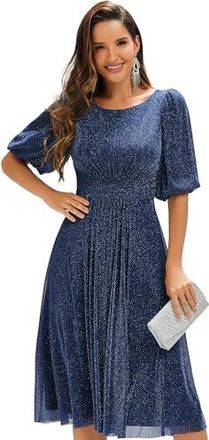 Ever-pretty Robe de Soirée Femme Mi-Longue Évasée avec Manches Bouffantes Ceinture Haute Cérémonies Fêtes Bleu Marine 48