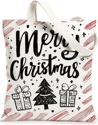 Generic Sacs fourre-tout en toile motif sapin de No&euml;l, sacs d&eacute;picerie r&eacute;utilisables, vintage, l&eacute;gers et lavables pour les voyages, blanc, 13x15 Inch