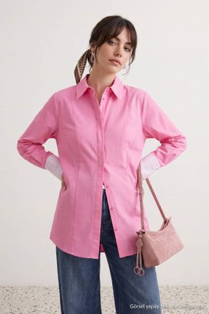 Trendyol Modest Damen Rosa Colour-Block Lang Tailliert Modest Hemden