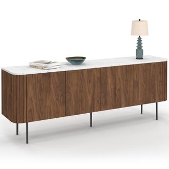 IDMarket Credenza Bassa Marla 160 Cm Con 4 Ante E Doghe Effetto Noce E Piano In Marmo Bianco Alaska