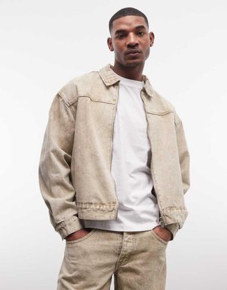Liquor & Poker Locker geschnittene Jeansjacke in Beige mit Rei&szlig;verschluss, Kombiteil-Neutral