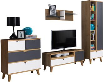 Mirjan24 Wohnwand Memone I, Stilvoll Wohnzimmer-Set, Elegante Wohnm&ouml;bell, Wohnzimmer Kollektion, Wandregal, Kommode, Regal, TV-Lowboard (Eiche Gold/Graphit + W