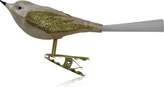 Lauschaer Glas Christbaumschmuck Vögel mit Glasschwanz Eislack Champagner mit Dekor 3 Stück Christbaumschmuck Weihnachtsbaumschmuck mundgeblasen, handdekoriert