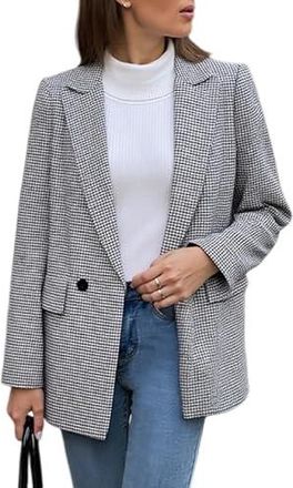 Generic Blazer Femme Blazer &Agrave; Carreaux Pied-De-Poule pour Femme Col Crant&eacute; Style Business Casual avec Poches Manches Longues Crois&eacute; Noir Taille M