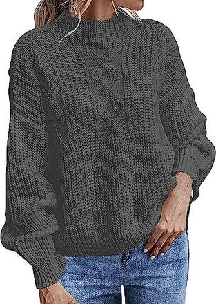 Generic Pull Femme Doux Pullover Femme Col Montant Pull &agrave; Manches Longues en &agrave; Fleurs pour Femmes Large Chaud Gros Hiver Grey L