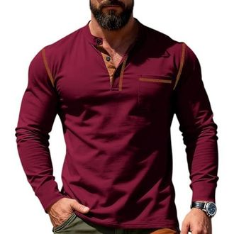 Generic Henley T-shirt &agrave; manches longues pour homme avec 3 boutonni&egrave;res, t-shirt d&eacute;contract&eacute;, chemise de loisirs, bordeaux, 3XL