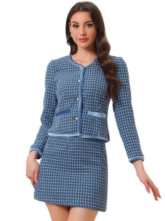 Allegra K Damen Business Anzug Set Zweiteilige Outfits Kariert Tweed Kurzblazer Jacke und Rock Set Blau S