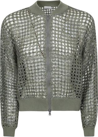 Brunello Cucinelli Femme, Pulls, Vert, Taille: 38 FR Cardigan en soie et lin avec broderie r&eacute;sille &eacute;blouissante