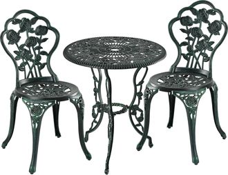 Relaxdays Gartenmöbel Set, 3-teilig, Tisch & 2 Stühle, Vintage Balkonmöbel, Aluguss, Garten Sitzgruppe, schwarz/grün