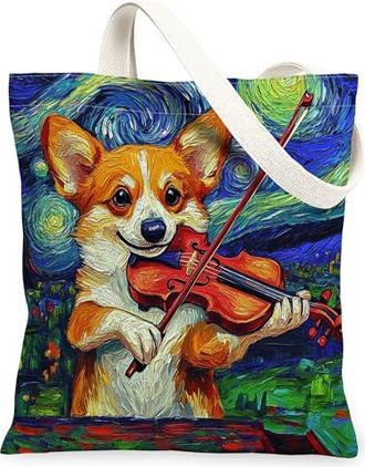 Generic Corgi Sac fourre-tout en toile r&eacute;utilisable pour le shopping Motif violon &eacute;toil&eacute; nocturne 33 x 38 cm