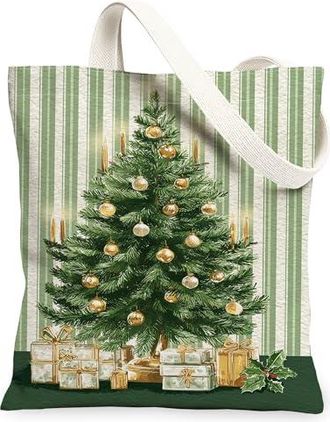 Generic Sacs fourre-tout en toile motif sapin de No&euml;l, sacs d&eacute;picerie r&eacute;utilisables &agrave; rayures vertes, vintage l&eacute;gers et lavables en toile, Vert, 13x15 Inch