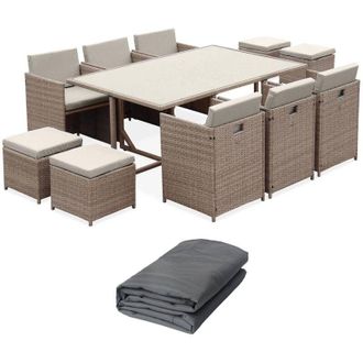 Sweeek Salon de jardin r&eacute;sine tress&eacute;e 6-10 places + Housse de protection gris fonc&eacute; polyester Beige / Beige