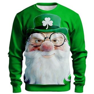 Generic Pull de la Saint-Patrick pour homme - Vert - Pull &agrave; manches longues - Tr&egrave;fle irlandais - Sweat-shirt graphique sans capuche - Col rond - Impression 3D