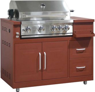 Oviala Meuble barbecue gaz 4 br&ucirc;leurs et r&ocirc;tissoire cuisine ext&eacute;rieure brique