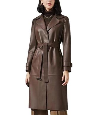 Generic Trench d&eacute;contract&eacute; mi-long en cuir v&eacute;ritable peau de mouton pour femme - Veste dext&eacute;rieur printemps automne, EN8, XL
