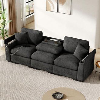 Generic Modernes 3-Sitzer-Sofa aus Schienenstoff - Mit Kissen, Klapptablet, USB-Anschl&uuml;ssen, Getr&auml;nkehaltern und Aufbewahrungseinheiten - Multifunktional f&uuml;r 
