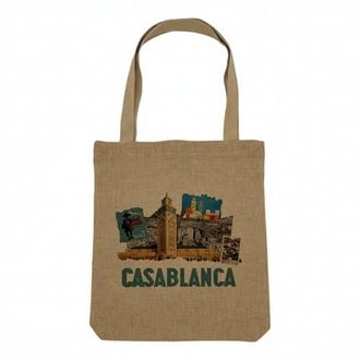 Fabulous Sac Shopping Tote Bag Aspect Lin - Casablanca Collage Voyage Maroc Carte Postale - Sac de Courses Toile Epaisse 360g Beige Naturel Cabas Port&eacute; Epaule 