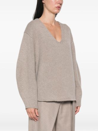 Soft Goat Ribbed V-Neck Sweater - Beige