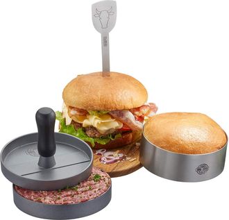 GEFU Barbecue Burger-Set: 3-teiliges BBQ Burger-Set inklusive Burgerpresse, Burger-Ring und Burger-Spieß für selbstgemachte Burger auf dem Grill - spülmasc
