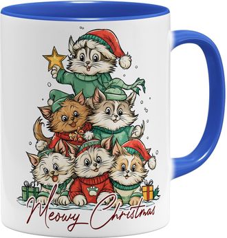 OM3 Meowy Christmas Kaffee-Tasse mit s&uuml;&szlig;en K&auml;tzchen - Weihnachtstasse Weihnachtskatzen Kitten- Keramik Becher - 325ml - Beidseitig Bedruckt - Blau