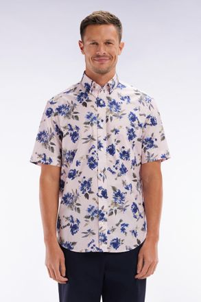 Eden Park Chemise &Agrave; Manches Courtes En Popeline De Coton Pima Rose Motif Floral Bleu Coupe Droite