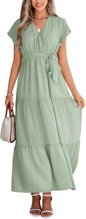 Cupshe Robe longue dété pour femme avec col en V, manches courtes et volants et ourlet à volants, vert sauge, XL