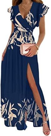 TOMWELL Femme Cocktail Robe Solide Profonde V Manches Longues Maxi Robes Sexy Elegant Moulante Fente Latérale Robe de Soirée Plage Robe