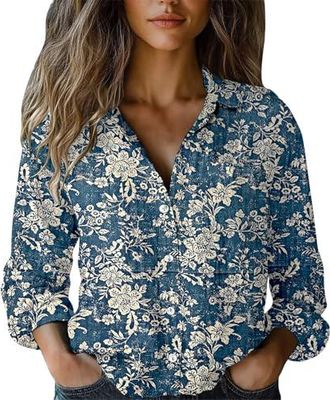 Generico Chemise Femme d&Eacute;t&eacute; Curvy &agrave; Manches Longues Chemises Coton Et Lin D&eacute;contract&eacute; Grande Taille T Shirt Col en V Mode Chemisier Vintage Fantaisie avec Bout