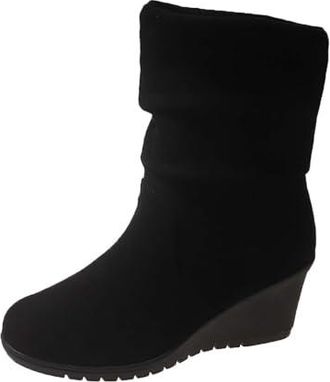 Generic Bottines pour femme avec talon - Bottes noires pour femme - Talon compens&eacute; - Bottes western avec fermeture &eacute;clair - Bottes mi-hautes en daim - Bottes 