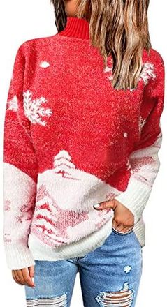 Generic Pull Noel Femme Chaud,Pull Femme à Col Haut Imprimé Motifs De NoëL Manches Longues Et Col Roulé Conception éLéGante pour Les FêTes Hivernales Conforta