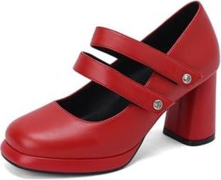 Generic Femmes Chic Mary Jane Pompes Double Sangle Bloc Décoratif Talons Bout Rond Faux Cuir Tige Antidérapante Semelle Extérieure Chaussures Habillées Élégan