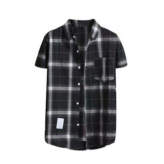 Generic Chemise &agrave; manches courtes pour homme, chemise &agrave; carreaux grande taille, chemise d&eacute;t&eacute; l&eacute;g&egrave;re, haut &agrave; carreaux &agrave; revers respirant, haut boutonn&eacute; r&eacute;tro, 