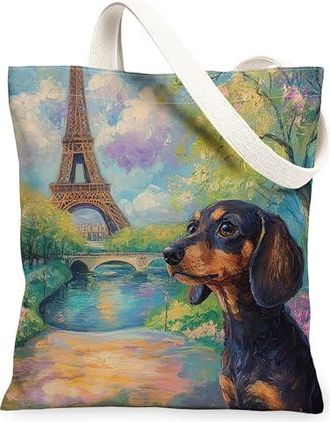 Generic Sac fourre-tout en toile motif teckel printanier 33 x 38,1 cm, tour romantique, sac d&eacute;picerie r&eacute;utilisable pour femme, motif animal de compagnie, d&eacute;co