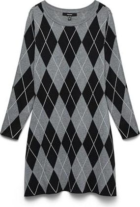 Vero Moda Vero Moda Vmmilano Ls Boatneck Argyle Dress LCS Robe, M&eacute;lange de Gris Moyen, M Femmes