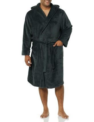 Amazon Essentials Herren Mittellanger Bademantel Plüsch, Dunkelgrau, XL-XXL