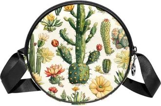 Generic Petit sac &agrave; bandouli&egrave;re rond pour femme, motif cactus du d&eacute;sert color&eacute;, avec fermeture &eacute;clair, bretelles r&eacute;glables, sac &agrave; main rond d&eacute;contract&eacute; pour f