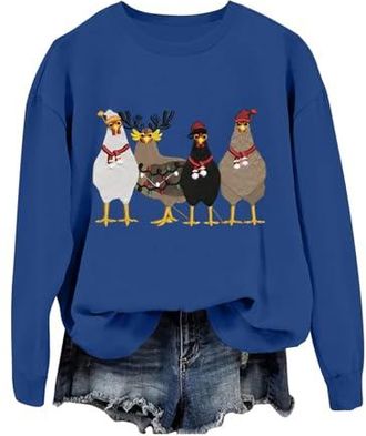Generic Pull Moche de Noel Femme des Pulls de Noël Sweatshirt a Manches Longues Et Col Rond Imprimé Animaux de La Ferme pour Femme Motif Poulet de Noël Amusan