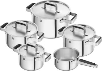 Zwilling PURE Kochtopfset, 5-tlg, 18/10 Edelstahl, Stay-Cool-Griffe, Sp&uuml;lmaschinengeeignet, Integrierte F&uuml;llskala, Silber