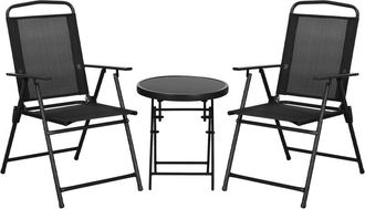 OUTSUNNY Ensemble table et chaises de jardin 3 pi&egrave;ces - 2 chaises pliantes avec accoudoirs - Table ronde pliable en m&eacute;tal et verre tremp&eacute;