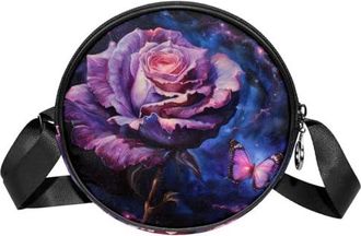 Generic Petit sac &agrave; bandouli&egrave;re rond pour femme, motif galaxie, rose, papillon, sac &agrave; dos avec fermeture &eacute;clair, bretelles r&eacute;glables, sac &agrave; main rond d&eacute;contra
