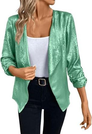 Generic Manteau Cr&egrave;me Femme Paillettes Paillettes Veste Femme Ouvert Avant et Manches Longues Femme Manteau Sexy (Vert Clair, XL)
