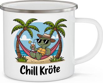 OM3 lustige Emaille-Tasse mit Spruch - Faule Chill Kröte Schildkröte Chillkröte I | Emailletasse Emaille Becher | 10oz 300ml | Beidseitig Bedruckt | Weiß-