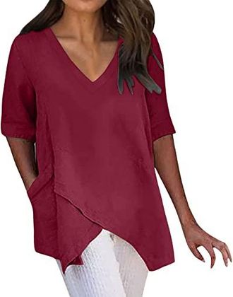 FNKDOR Chemisiers Femme Couleur Unie Chemisier D&eacute;contract&eacute;e &agrave; Manches 3/4 Chic Col V Haut Top Ourlet Irr&eacute;gulier Tunique Blouse en Lin Grande Taille L&acirc;ch&eacute; Tee