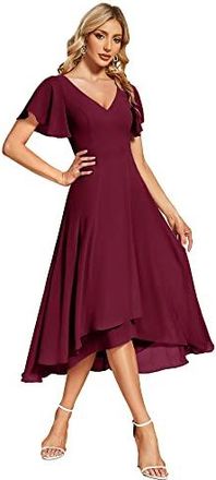 Ever-pretty Robe Témoin de Mariage Asymétrique High Low Col V Manches Volantées Mousseline Midi Taille Empire Belle Robe Soirée Chic Casual Bordeaux 38