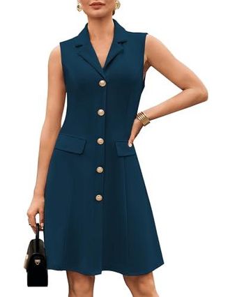 Grace Karin Robe d&eacute;t&eacute; &eacute;l&eacute;gante pour femme - Sans manches - Col &agrave; revers - Taille haute - Ligne A - Longueur genou - Robe d&eacute;contract&eacute;e, Bleu paon, S
