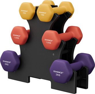 Songmics Kurzhantel Set, Hexagon, mit Hantelst&auml;nder, 2 x 1 kg, 2 x 1,5 kg, 2 x 2 kg, mattes Finish, Neopren-Beschichtung, Krafttraining, zu Hause, limettengr&uuml;n