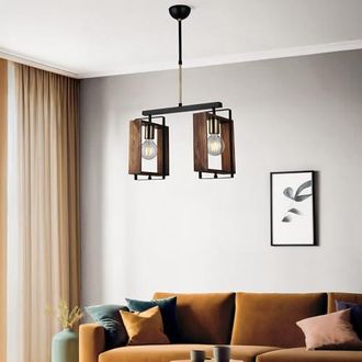 Opviq Elegant Chandelier with Metal Body & Wooden Cap, Adjustable Height 61-86 cm, Antiquation & Black Finish | 2 x E27 Socket, Max 40W | Stylish Lighting f
