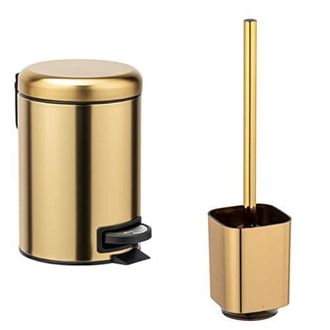 WENKO Kosmetik Treteimer Leman Gold matt 3 L - 3 l, 17 x 25 x 22.5 cm, Gold & WC-Garnitur Auron Gold, hochwertiger B&uuml;rstenhalter aus hochwertigem Kunststoff