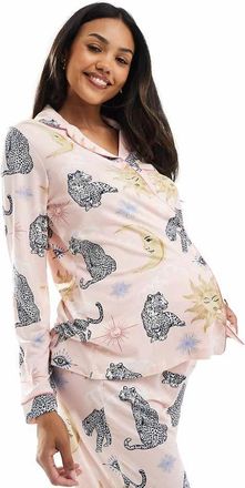 Chelsea Peers Maternity - Polyester-Pyjama mit Himmelskörper- und Tigerprint, bestehend aus langärmligem Oberteil mit Reverskragen und Hose, Umstandsmode-Rosa