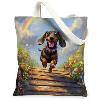 Generic Sac fourre-tout en toile pour le shopping Motif teckel printanier 33 x 38,1 cm, sac d&eacute;picerie r&eacute;utilisable pour femme, motif floral amusant pour anima